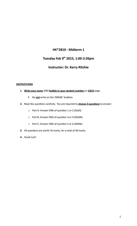Midterm 2019 Questions HK 2810 Midterm 1 Tuesday Feb 9th 2015 1 00 2 20pm Instructor Dr