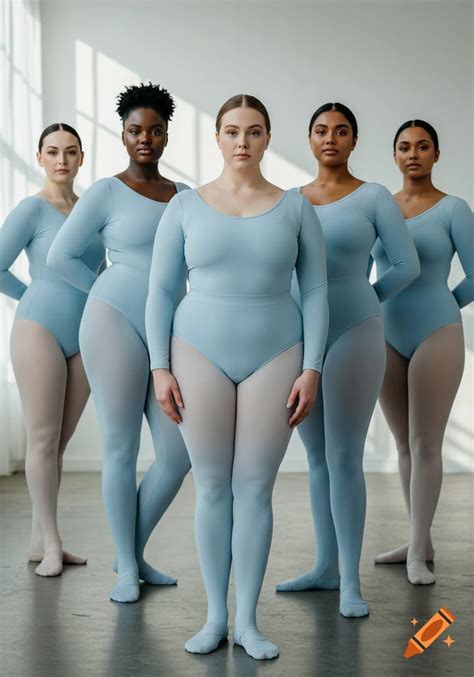 Five Diverse Plus Size Women In Burgundy And Teal Leotards And Tights