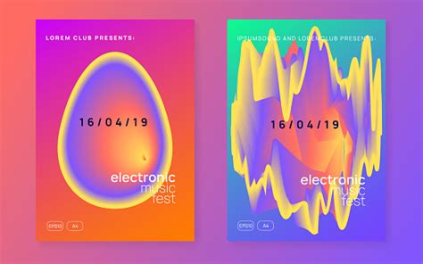 테크노 플라이어 커버 템플릿의 그라디언트 패턴 프리젠 테이션을위한 현대적인 효과 웨이브 댄스 포스터 전자 및 나이트 라이프 디자인 보라색과 오렌지 테크노 플라이어 Dj에