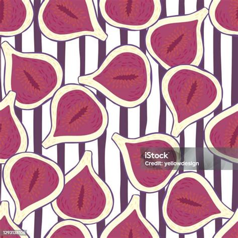 무화과 과일 요소와 밝은 여름 원활한 패턴 줄무늬 배경에 핑크 음식 랜덤 프린트 가능성에 대한 스톡 벡터 아트 및 기타 이미지 가능성 과일 귀여운 Istock