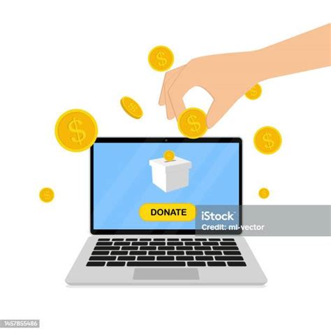 온라인 개념을 기부하십시오 기부 상자에 황금 동전을 손으로 넣습니다 노트북 Pc 디스플레이의 기부 상자에 동전을 떨어뜨립니다 자선 기금 모금 개념 벡터 그림 개념에 대한