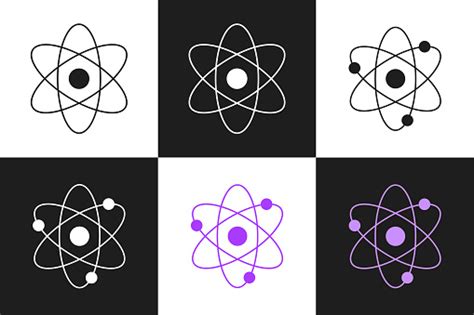 추상 원자 아이콘은 흑인과 백인 배경에 고립되어 설정됩니다 과학 일러스트 분자 물리학 핵 기호의 개념 현대적인 디자인 교육용 그래픽 원자 표현 단일 이미지에 대한 스톡 벡터