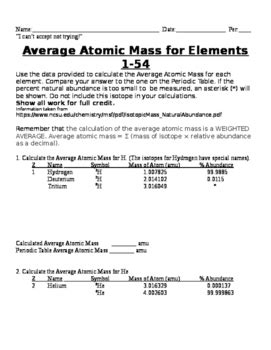 Average Atomic Mass Practice By Vegas Snow Teachers Pay Teachers