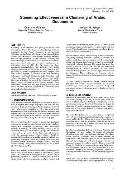 Pdf Stemming Effectiveness In Clustering Of Arabic Documents Wesam