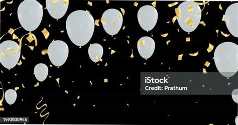 풍선과 황금 색종이 조각이 있는 축하 배경 벡터 그림입니다 3차원 형태에 대한 스톡 벡터 아트 및 기타 이미지 3차원 형태 검은색 공휴일 Istock