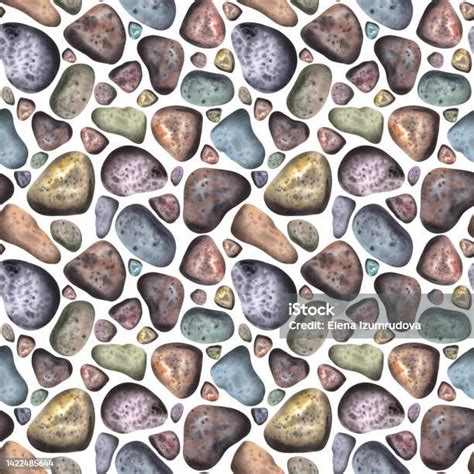 흰색 배경에 수채화로 칠해진 여러 가지 색의 바다 돌의 원활한 패턴 갈색에 대한 스톡 벡터 아트 및 기타 이미지 갈색 개체 그룹 광물질 Istock