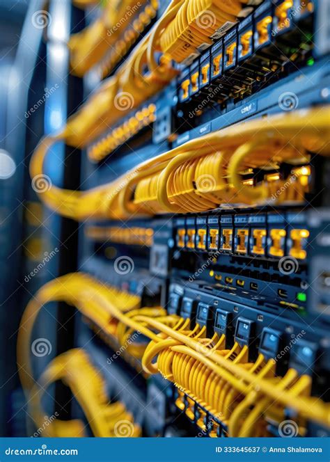 Close Up Of Server Rack With Yellow Ethernet Cables And Illuminated