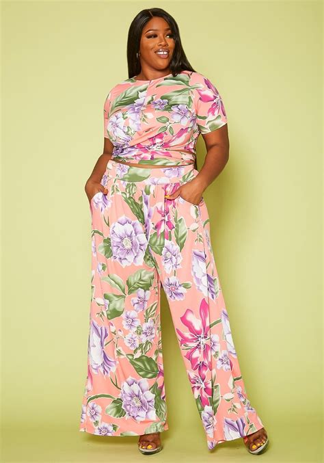 Plus Size Floral Crop Top And Pants Set Crop Top Pants Set