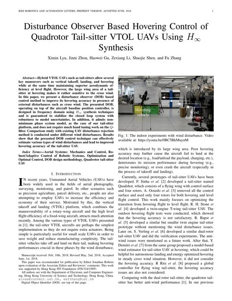 Pdf Disturbance Observer Based Hovering Control Of Quadrotor Tail Sitter Vtol Uavs Using H