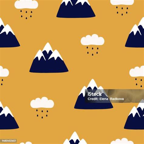 비구름과 눈 덮인 산과 손으로 그린 벡터 그림 빗방울과 눈 언덕은 아이 직물 또는 벽지를 위한 봄 매끄러운 본을 창조합니다 어린이 그림에 대한 스톡 벡터 아트 및 기타