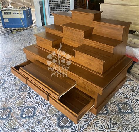 โต๊ะหมู่โมเดิร์น ขนาดลึก80ยาว150 สูง100ซม มือดึงบากบนยาว สีสักน้ำผึ้ง แท่นวางพระ9 18นิ้ว รวม