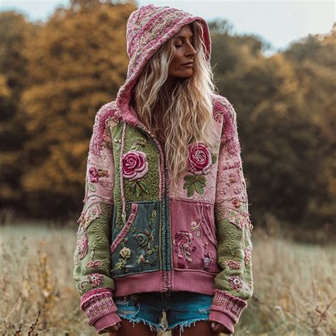 Womens Vintage Fabric Embroidered Patchwork Hoodie