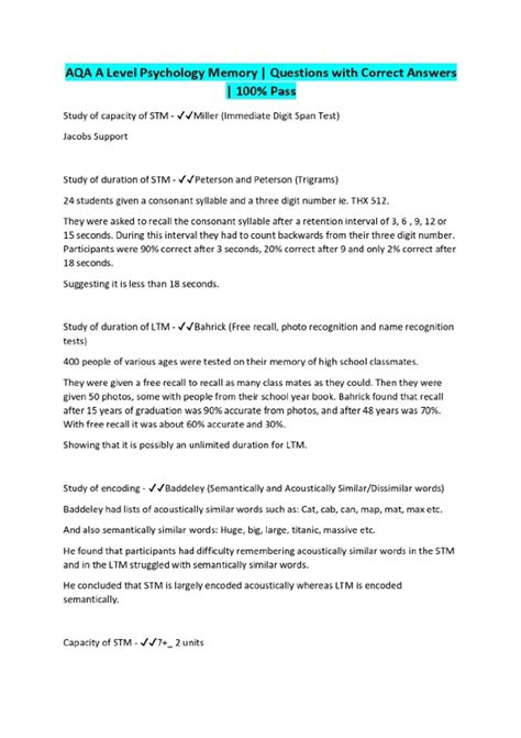 Aqa A Level Psychology Memory Questions With Correct Answers 100 Pass Aqa A Level Stuvia Us