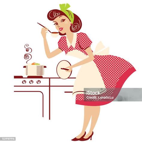 복고풍 패션 레드 드레스 요리 수프에 주부의 젊은 초상화 흰색으로 격리된 벡터 그림 핀업걸에 대한 스톡 벡터 아트 및 기타 이미지 핀업걸 가사 집안일 가정 주방