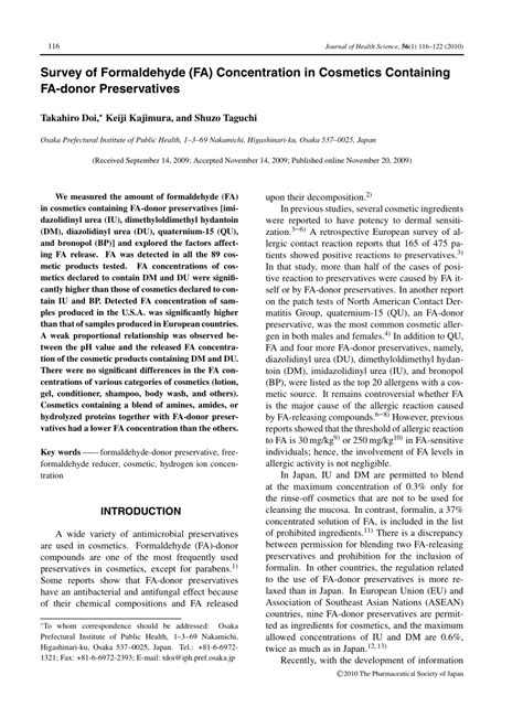 Pdf Survey Of Formaldehyde Fa Concentration In Cosmetics Containing Fa Donor Preservatives