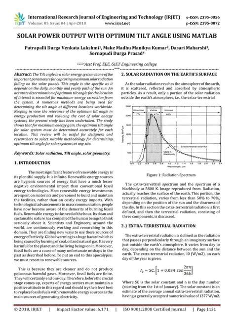 Irjet Solar Power Output With Optimum Tilt Angle Using Matlab Pdf