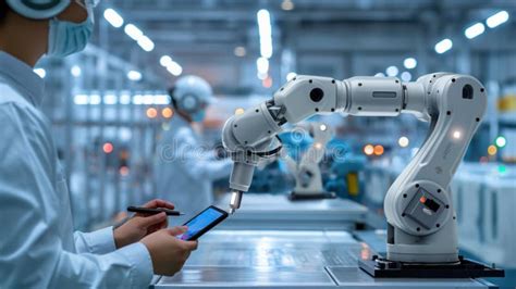 Worker Use Smart Devices To Control Robotic Arms For Production In