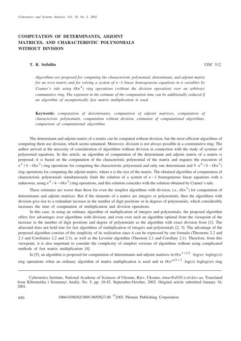 Pdf Computation Of Determinants Adjoint Matrices And Characteristic