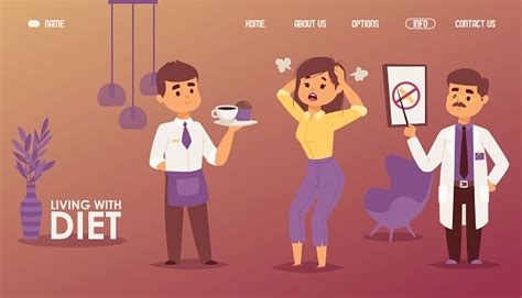 다이어트 벡터 일러스트와 함께 생활 하는 초콜릿 금지 착륙 페이지 여자는 그림을 유지하고 과자를 거부합니다 웨이터는 컵 케이크를 가지고 의사 나름에 대한 스톡 벡터 아트 및
