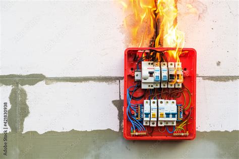 Foto De Burning Switchboard From Overload Or Short Circuit On Wall Circuit Breakers On Fire