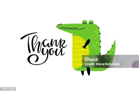텍스트와 만화 악어 감사합니다 귀여운 만화 캐릭터 감사합니다 데이 카드 좋은 미소 악어 필기 캘리그래피 브러쉬 레터링 흰색