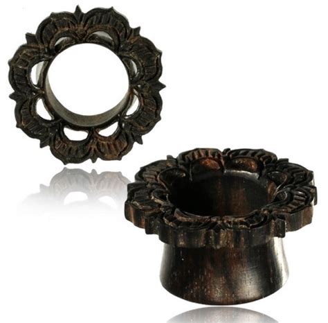 Pair Of Ebony Wood Plugs Carved Mandala Flower Gauges Plug Tunnels