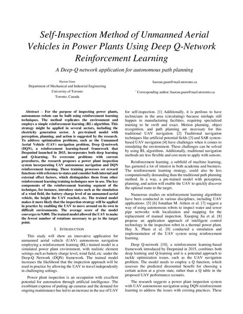 Self Inspection Method Of Unmanned Aerial Vehicles In Power Plants Using Deep Q Network