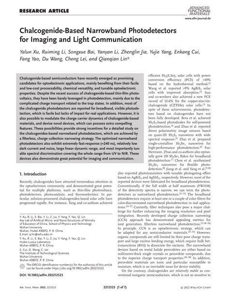Chalcogenide‐based Narrowband Photodetectors For Imaging And Light Communication Request Pdf