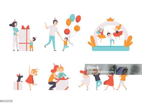 콘 모자를 쓴 귀여운 아이들이 생일을 축하하고 선물을 받고 파티 벡터 세트에서 즐거운 시간을 보내고 있다 개에 대한 스톡 벡터 아트 및 기타 이미지 Istock