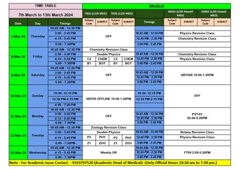 Medical Time Table 7th March 13th March 2024 Pdf