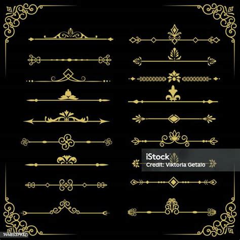 벡터 장식 빈티지 골드 얇은 칸막이의 세트 당신의 디자인빈티지 요소 가리기에 대한 스톡 벡터 아트 및 기타 이미지 가리기 고전 양식 고풍스런 Istock