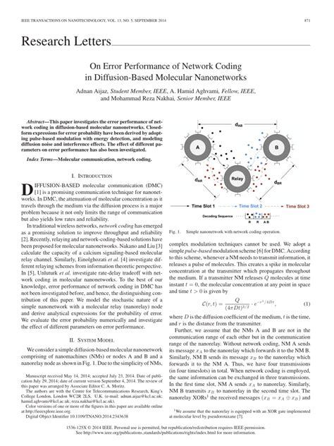Pdf On Error Performance Of Network Coding In Diffusion Based Molecular Nanonetworks