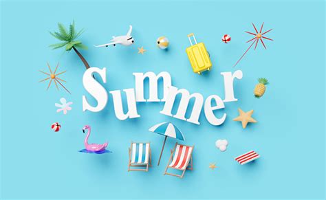 해변 의자 공 우산 비행기 풍선 플라밍고 코코넛 야자수 불가사리 파란색으로 분리된 파인애플이 있는 여름 여행 개념 추상 배경 3d 그림 또는 3d 렌더링 떠남에 대한 스톡