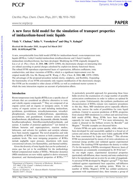 Pdf A New Force Field Model For The Simulation Of Transport Properties Of Imidazolium Based