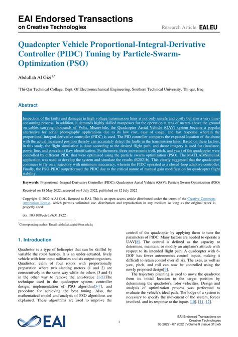 Pdf Quadcopter Vehicle Proportional Integral Derivative Controller Pidc Tuning By Particle