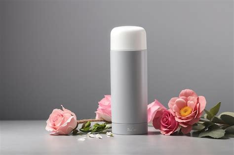 Premium Ai Image Blank Deodorant And Flower On Gray Background