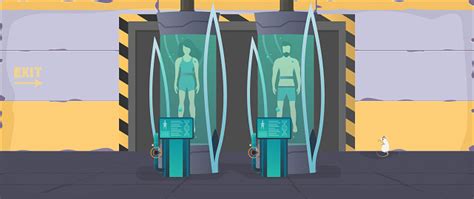 극저온 캡슐 또는 용기가 있는 미래형 실험실 인간을 위한 크릴론 기술 또는 우주 비행사의 극저온 챔버 공상 과학 우주 비행사 수면 모드 만화 스타일 벡터 건강관리와 의술에