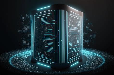 대규모 데이터 세트의 시각화 클라우드 스토리지 서버가 있는 데이터 센터 또는 서버 룸 가벼운 데이터 신호가 있는 어두운 데이터 센터 Ai Generation 프리미엄 사진