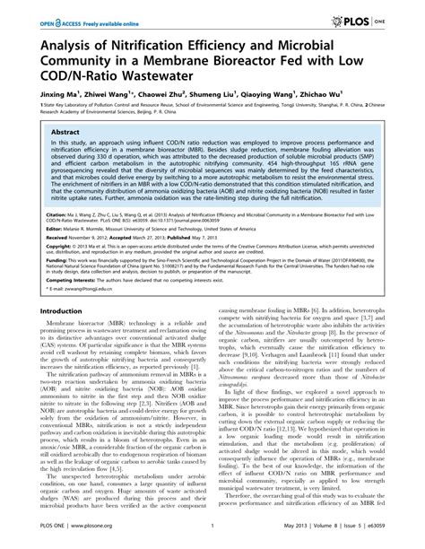 Pdf Analysis Of Nitrification Efficiency And Microbial Community In A Membrane Bioreactor Fed