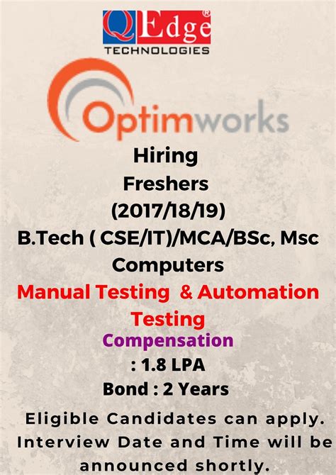 Optim Works Is Hiring Freshers Qa Testing Engineers 2017 18 19 Passouts Qedge Technologies