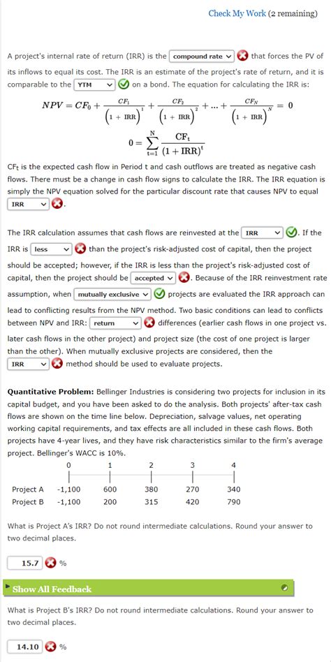 Solved Check My Work Remaining A Project S Internal Rate Chegg Com