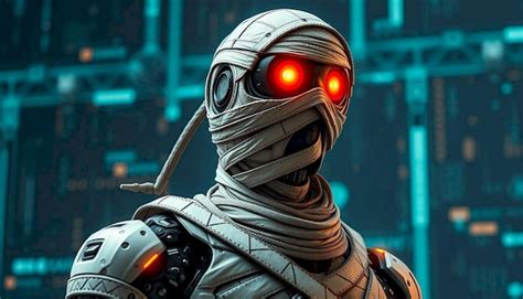 Robot 3d Mummy With Bandages Glowing Red Eyes Techno Line Background