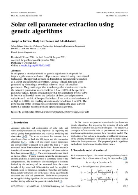 Pdf Solar Cell Parameter Extraction Using Genetic Algorithms Hadj Bourdoucen