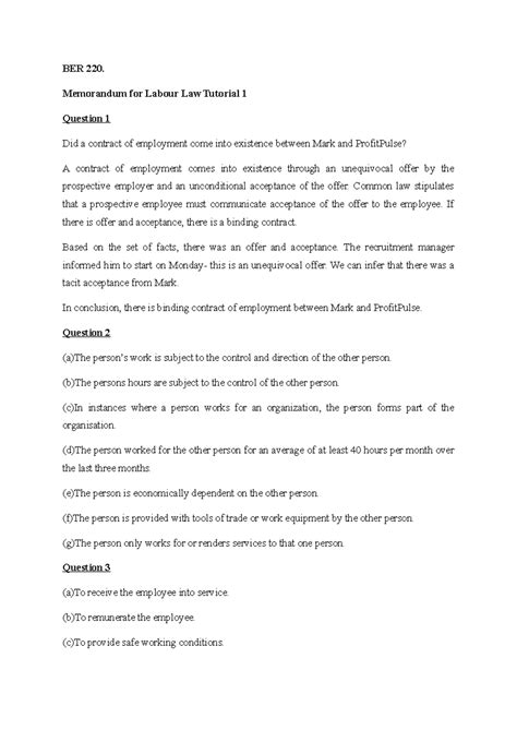 Tutorial 1 Memo Ber Ber 220 Memorandum For Labour Law Tutorial 1 Question 1 Did A Contract Of