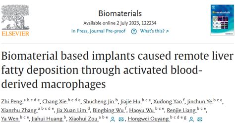纳米人 Biomaterials：生物材料植入物可通过活化血液巨噬细胞造成远端肝脂肪沉积