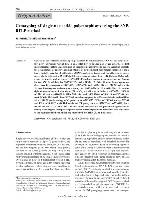 Pdf Genotyping Of Single Nucleotide Polymorphisms Using The Snp Rflp Method