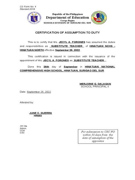 Certification Of Assumption To Duty Pdf
