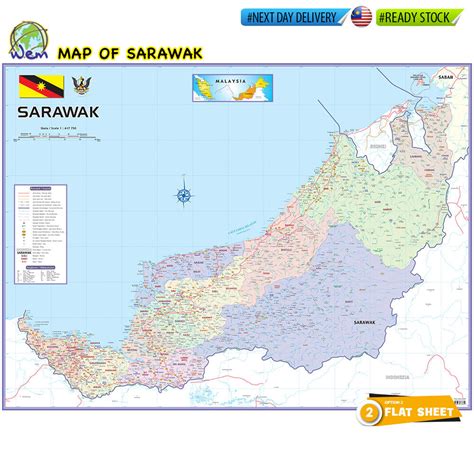 🇲🇾 Map Of Sarawak 36” X 48” 88 9cm X 120cm Wem Malaysia State Lazada