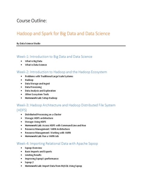 course outline hadoop and spark for big data and data science pdf pdf