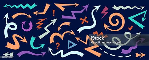 검은 배경에 간단한 다른 다채로운 선 브러시 화살표 집합의 벡터 만화 그림입니다 플랫 낙서 손으로 그린 스타일 패턴 디자인 질감